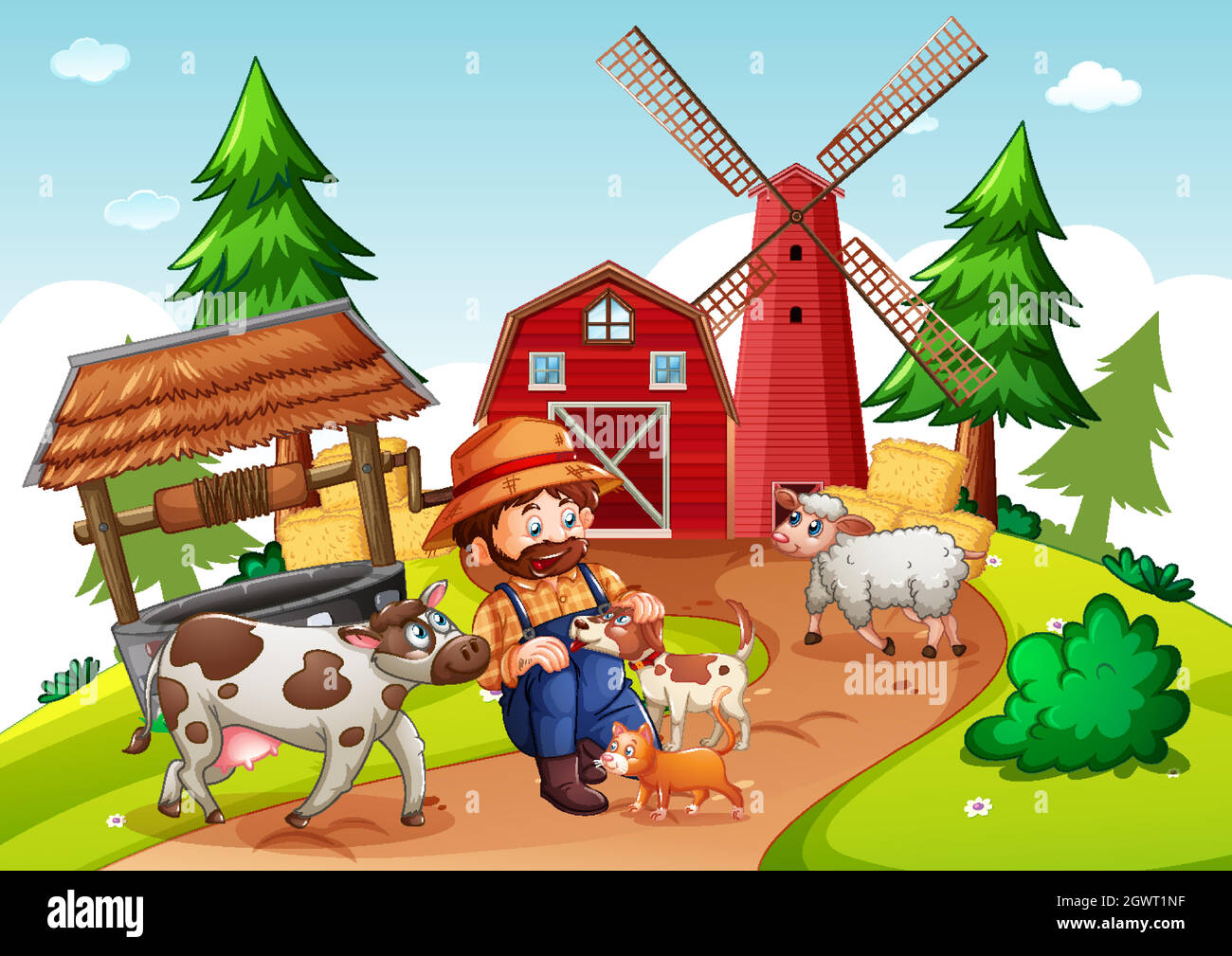 Farmer with animal farm in farm scene in cartoon style Stock Vector ...