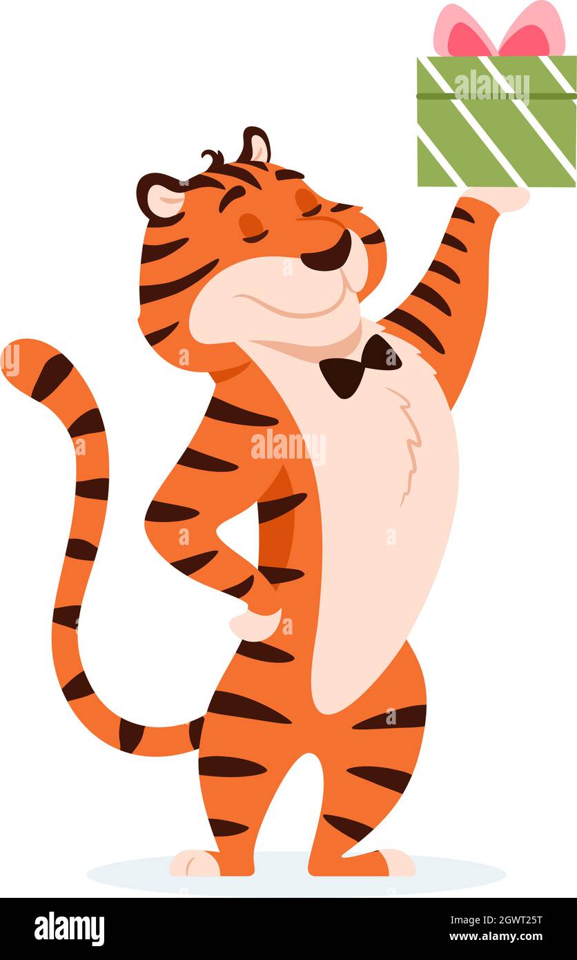 Cute cartoon tiger with Christmas present Stock Vector Image & Art - Alamy