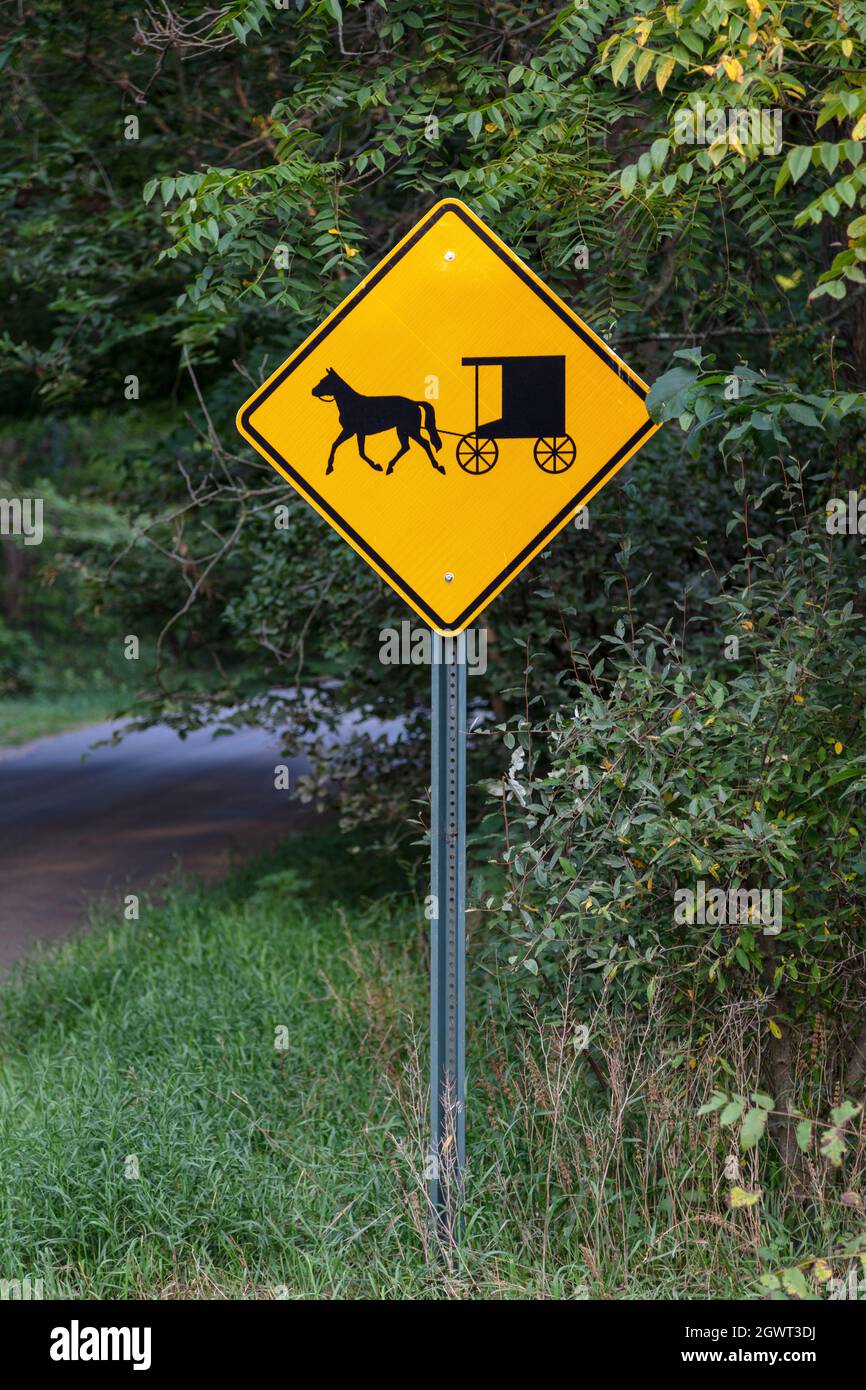 Sign, Amish carriage vehicles, along country road, Indiana, USA, by ...