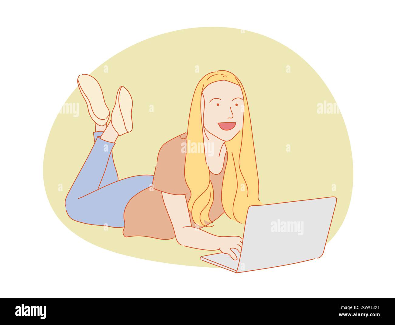 beautiful woman or cute girl sitting in front computer laptop ...