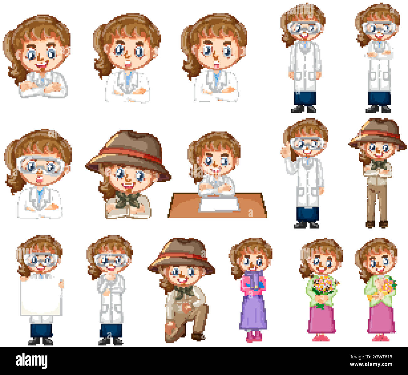 Set of little girl in different actions on white background Stock ...