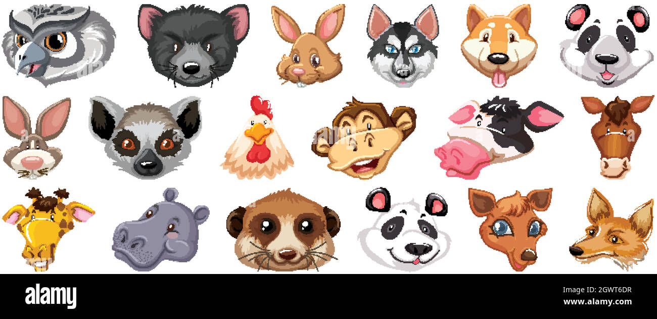 Set of different cute cartoon animals head huge isolated on white ...