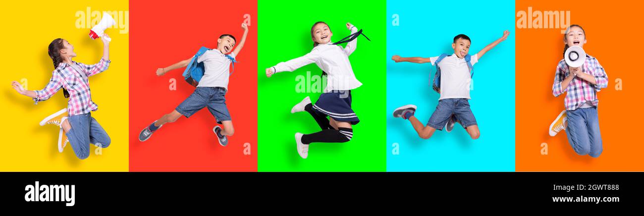 Collage of student girl and boy on colorful wall background Stock Photo ...