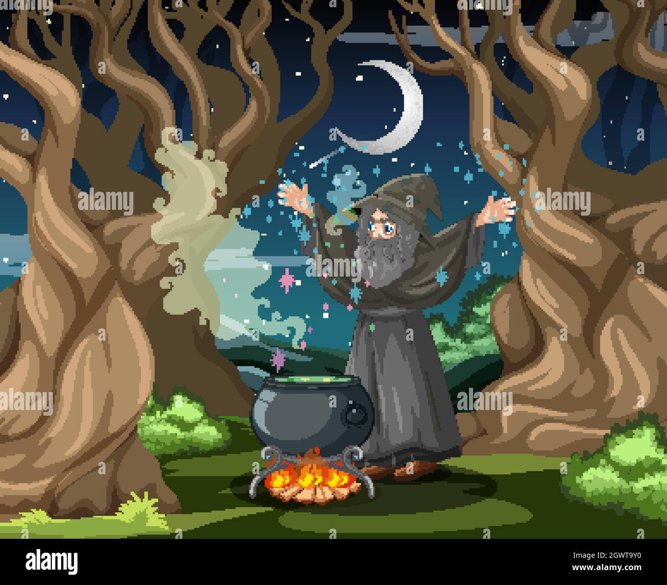 Wizard with black magic pot cartoon style on dark forest background ...