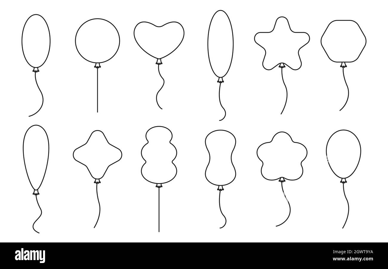 Balloon line outline air with rope, shapes heart, star, flower, oval ...