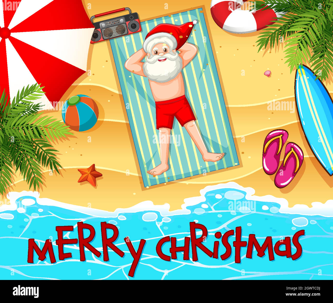 Santa Claus taking sun bath at the beach with summer element and merry ...