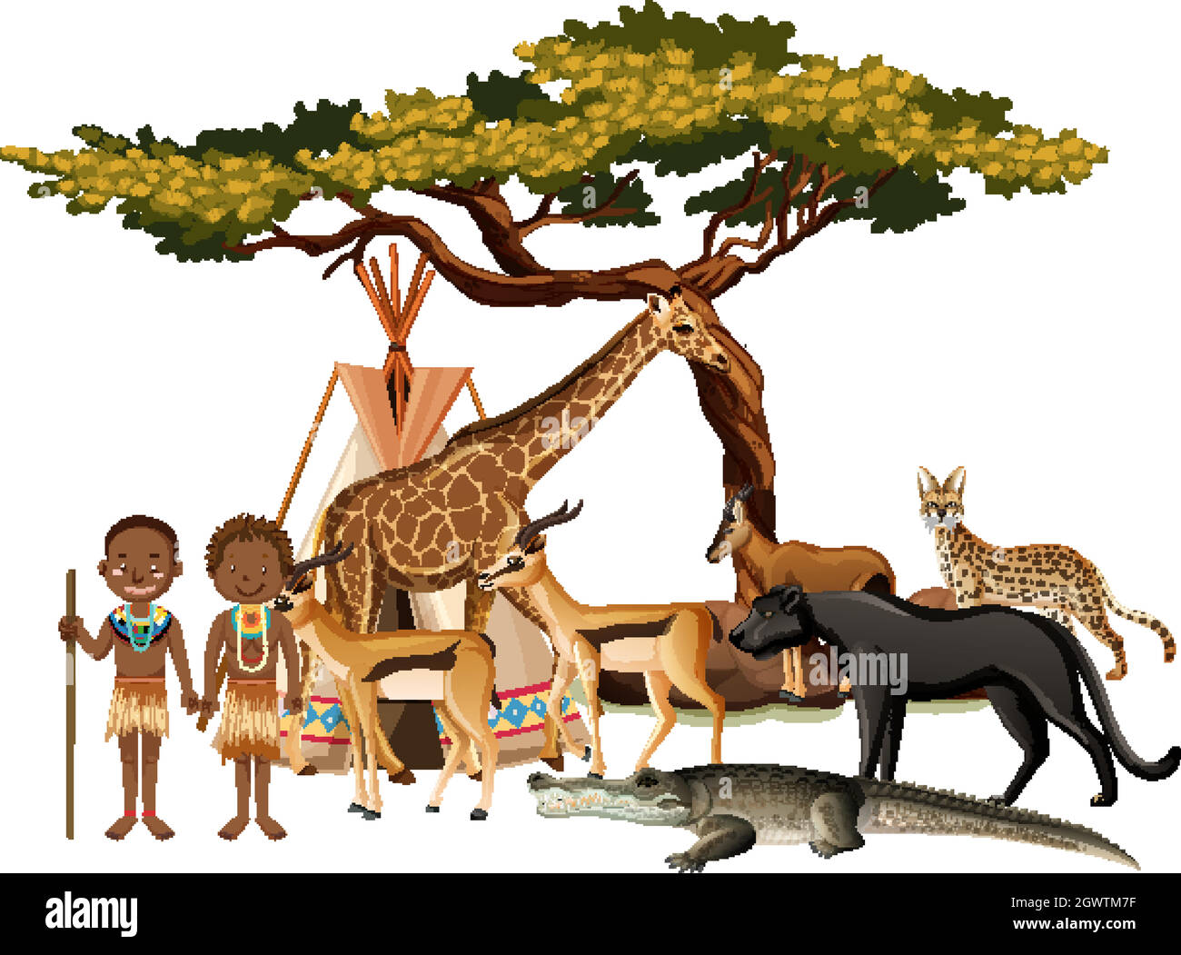African tribe with group of wild african animal on white background ...