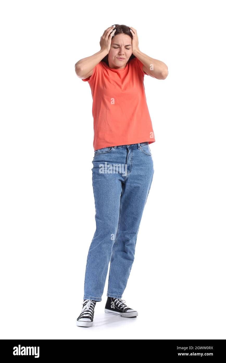 Stressed young woman on white background Stock Photo - Alamy