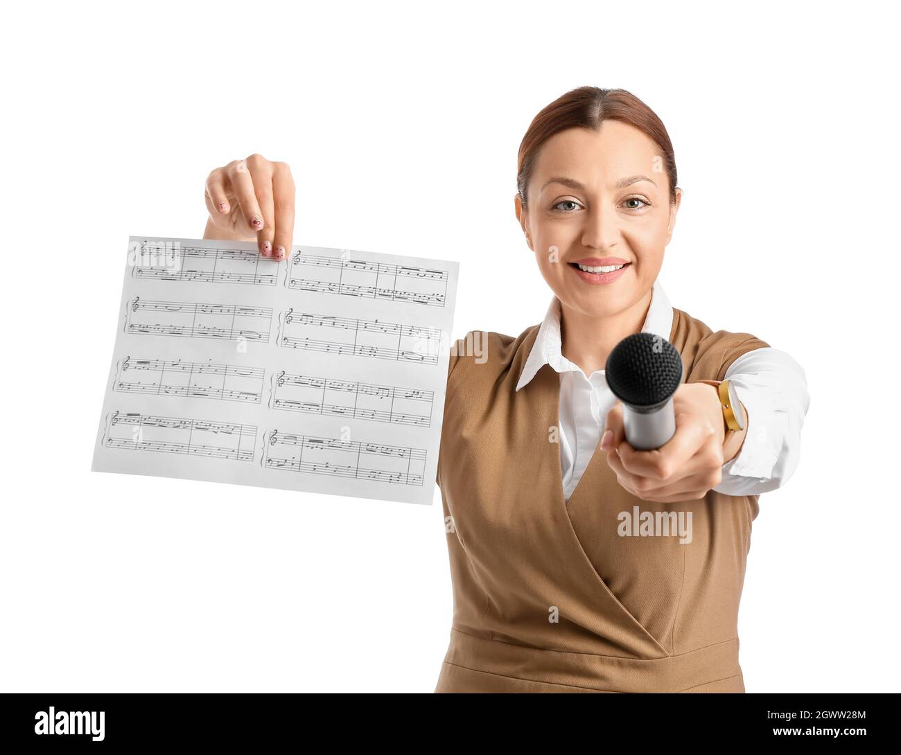 Portrait of female teacher with music sheet and microphone on white ...