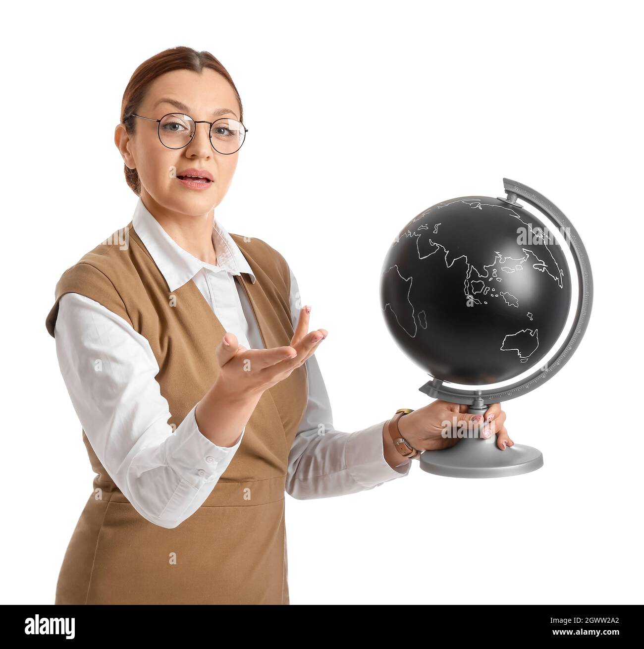 Portrait of female teacher with globe on white background Stock Photo ...