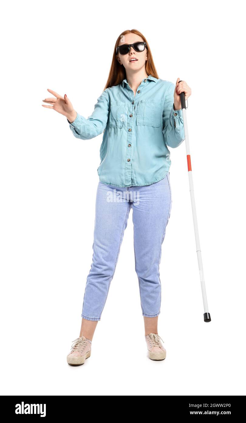 Blind young woman on white background Stock Photo - Alamy