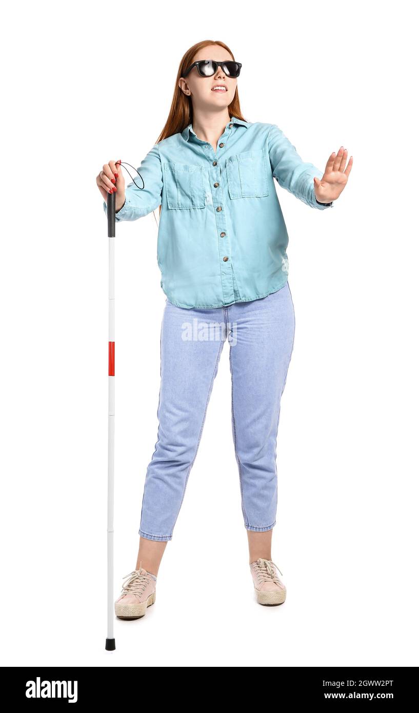 Blind young woman on white background Stock Photo - Alamy