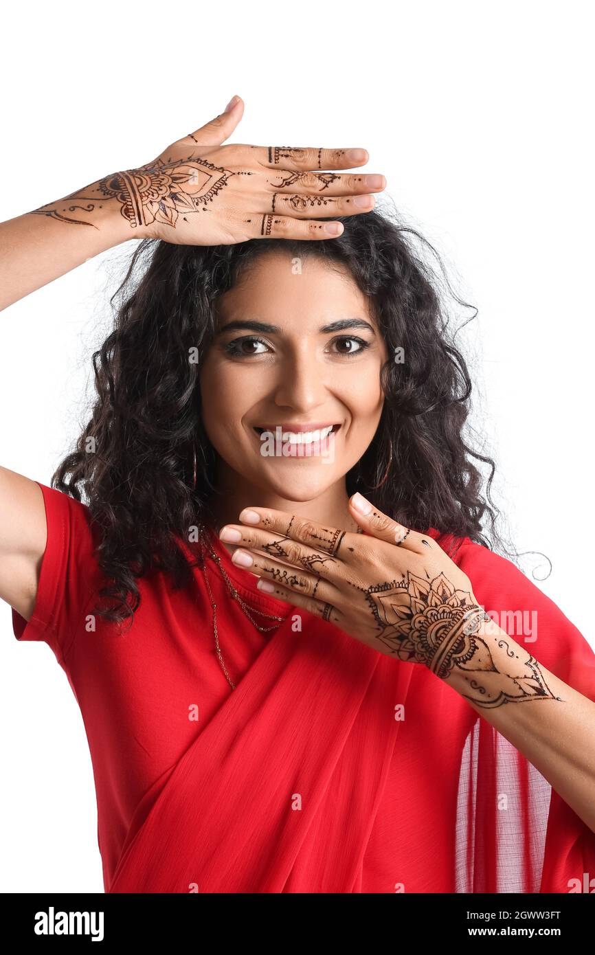Beautiful Indian woman with henna tattoo on white background Stock ...