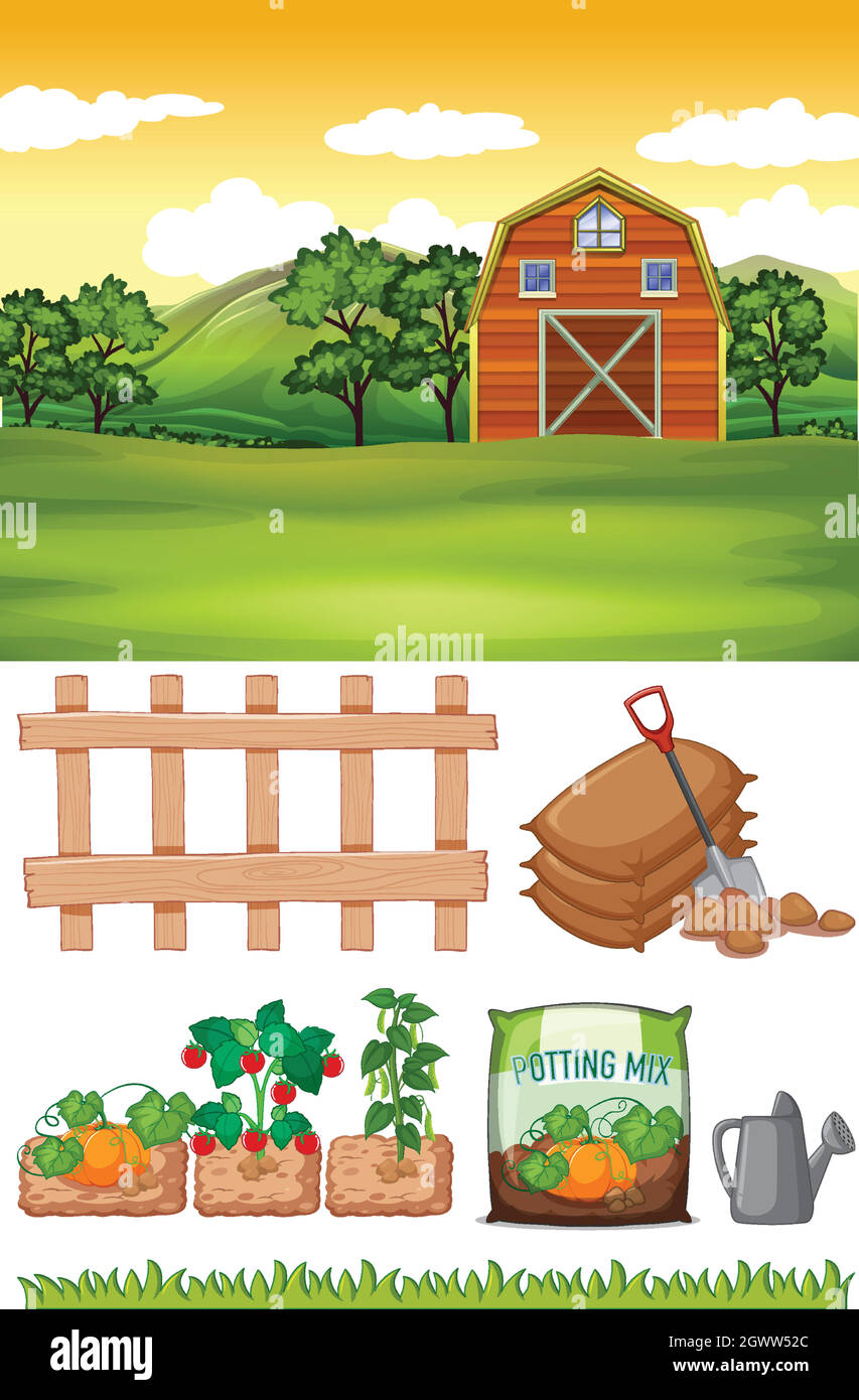 Farm scene with barn and other farming items on the farm Stock Vector ...