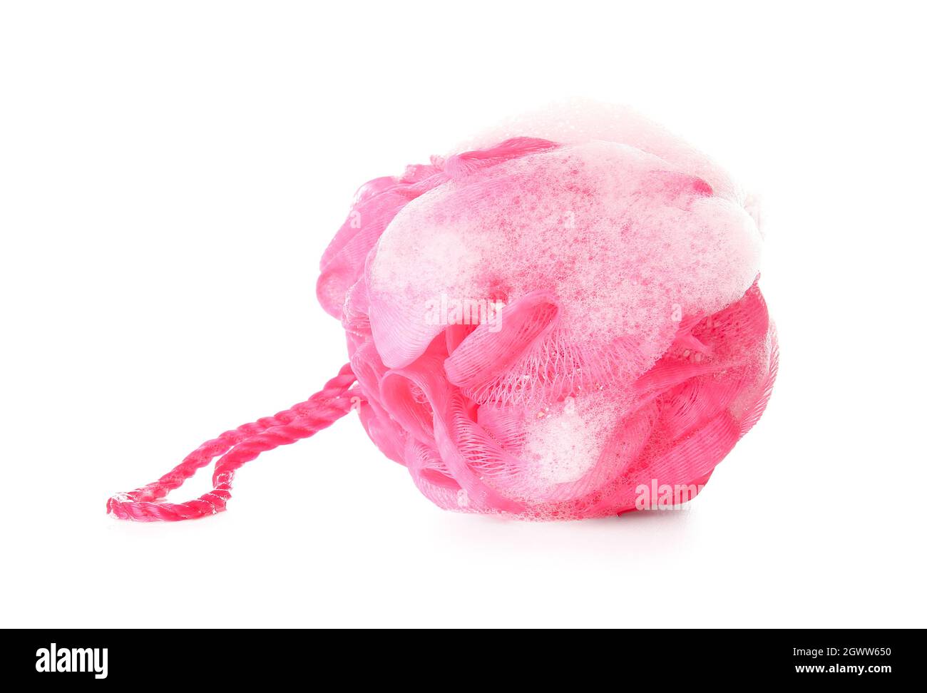 Pink bath sponge with foam isolated on white background Stock Photo - Alamy