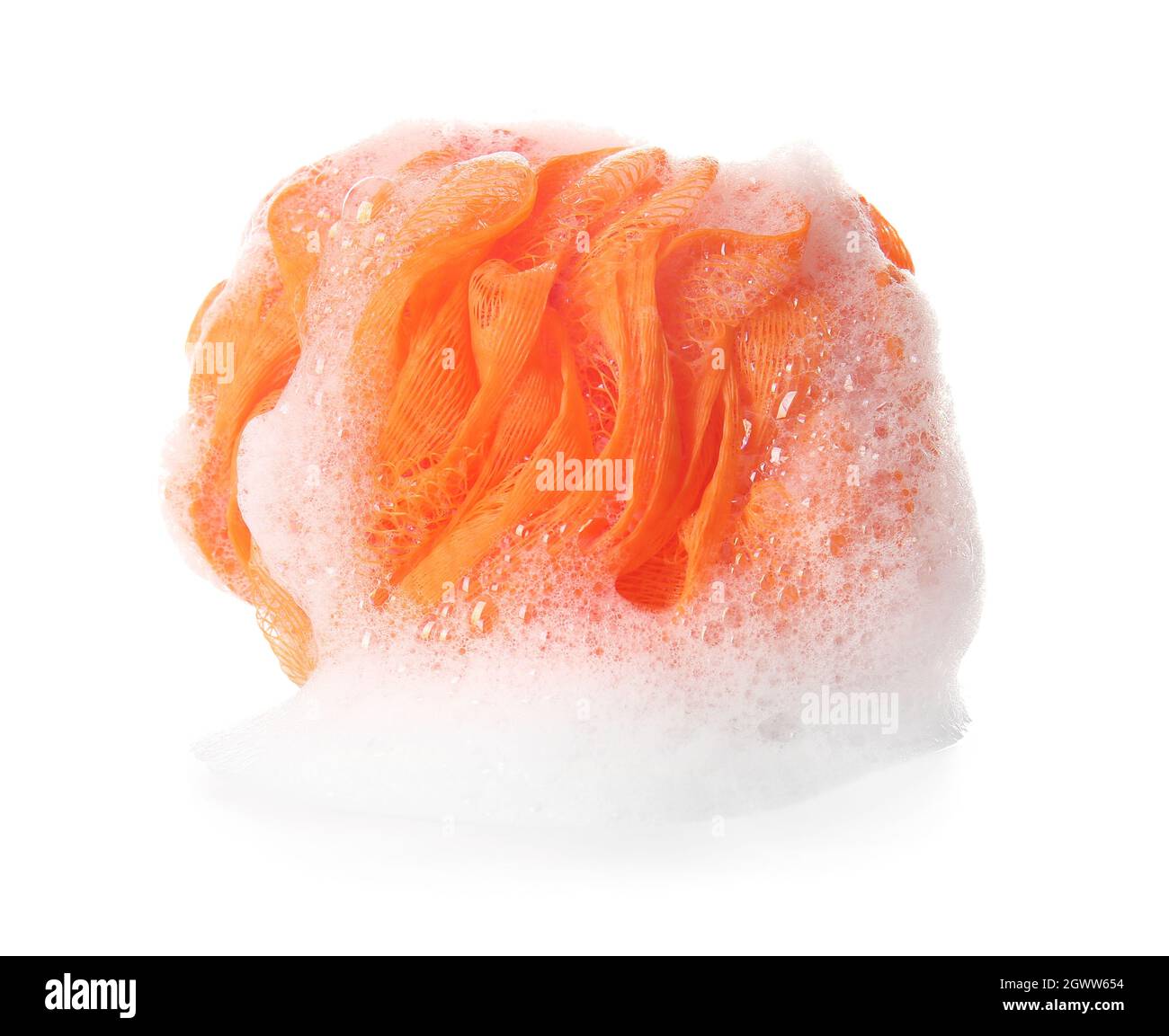 Orange bath sponge with foam isolated on white background Stock Photo ...