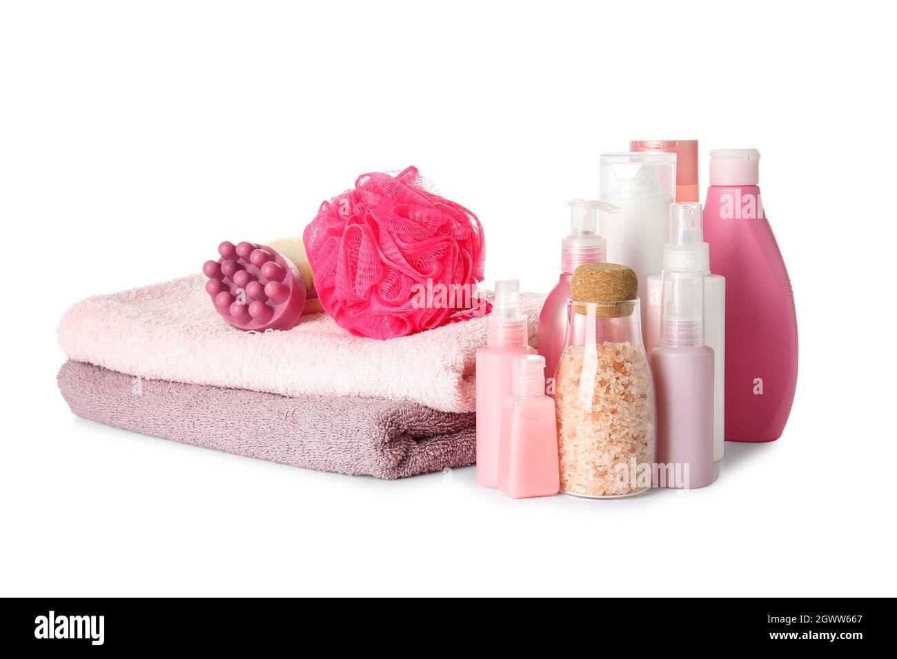 Set of bath supplies on white background Stock Photo - Alamy