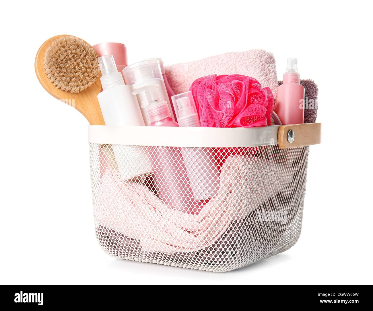 Basket with different bath supplies isolated on white background Stock ...