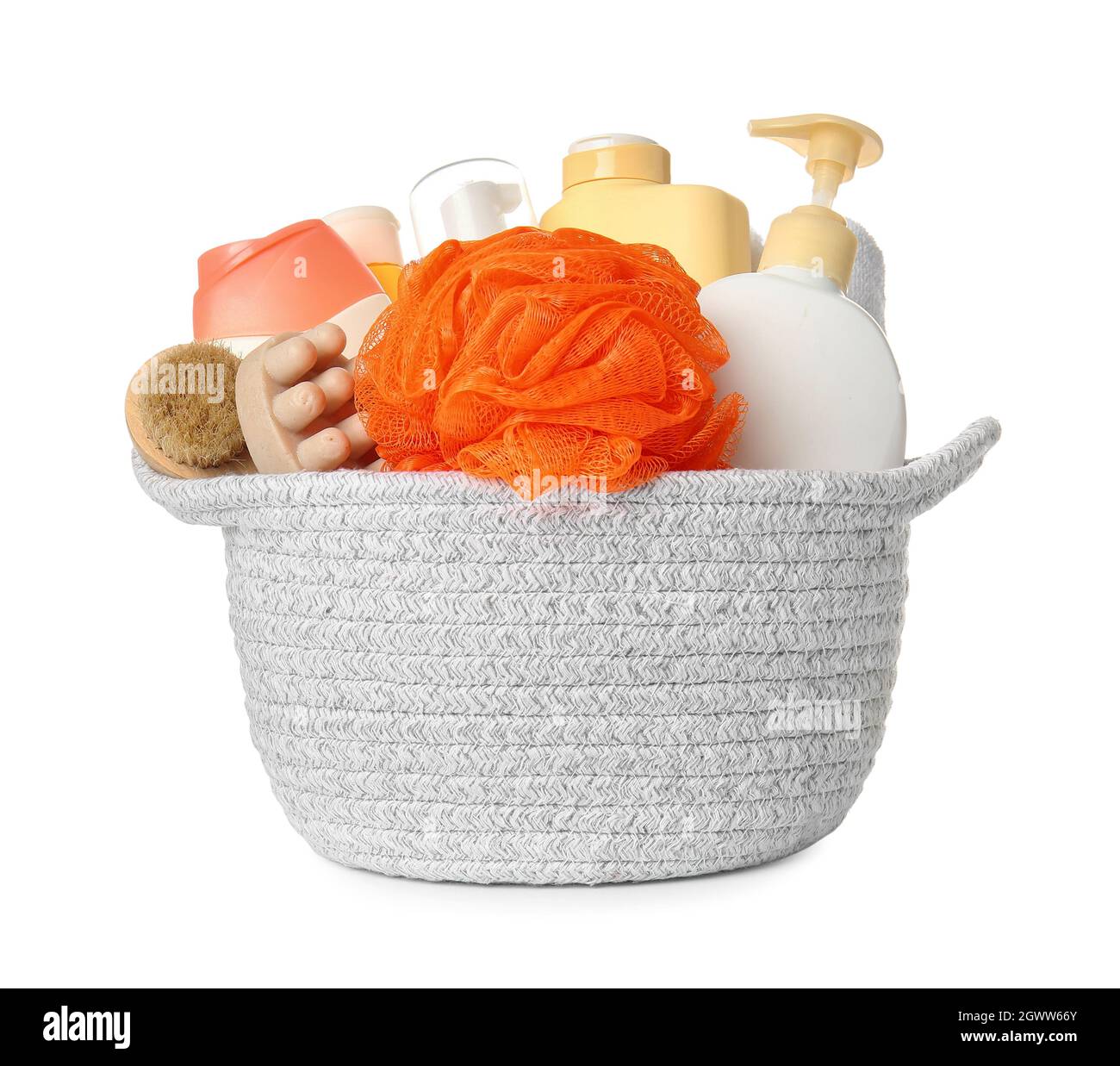 Basket with bath supplies isolated on white background Stock Photo - Alamy