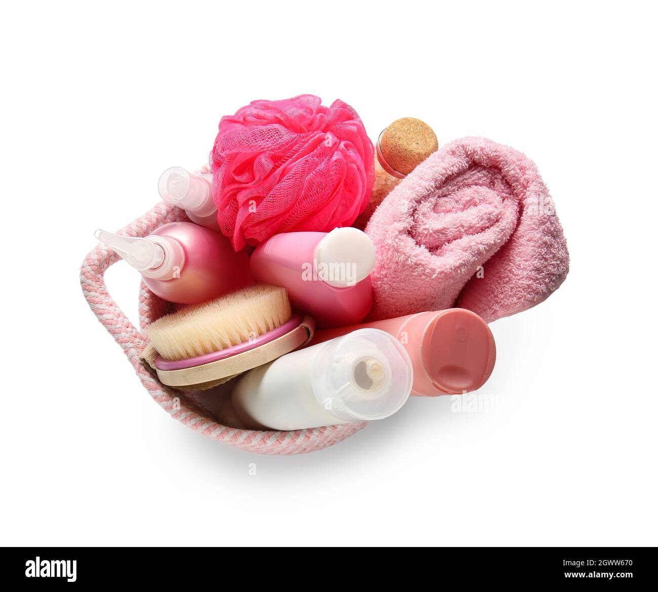 Basket with different bath supplies on white background Stock Photo - Alamy