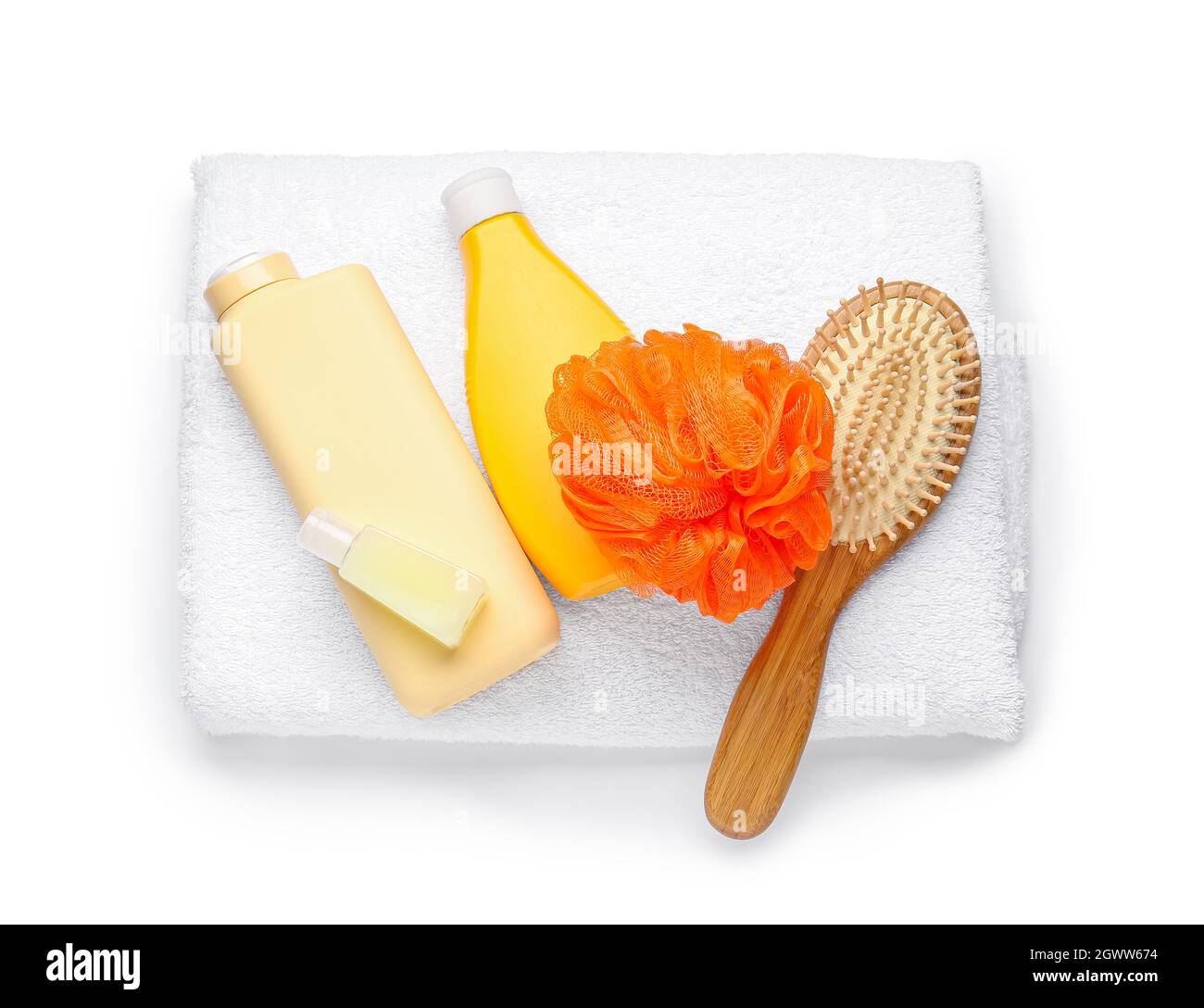 Set of bath supplies with orange sponge on white background Stock Photo ...