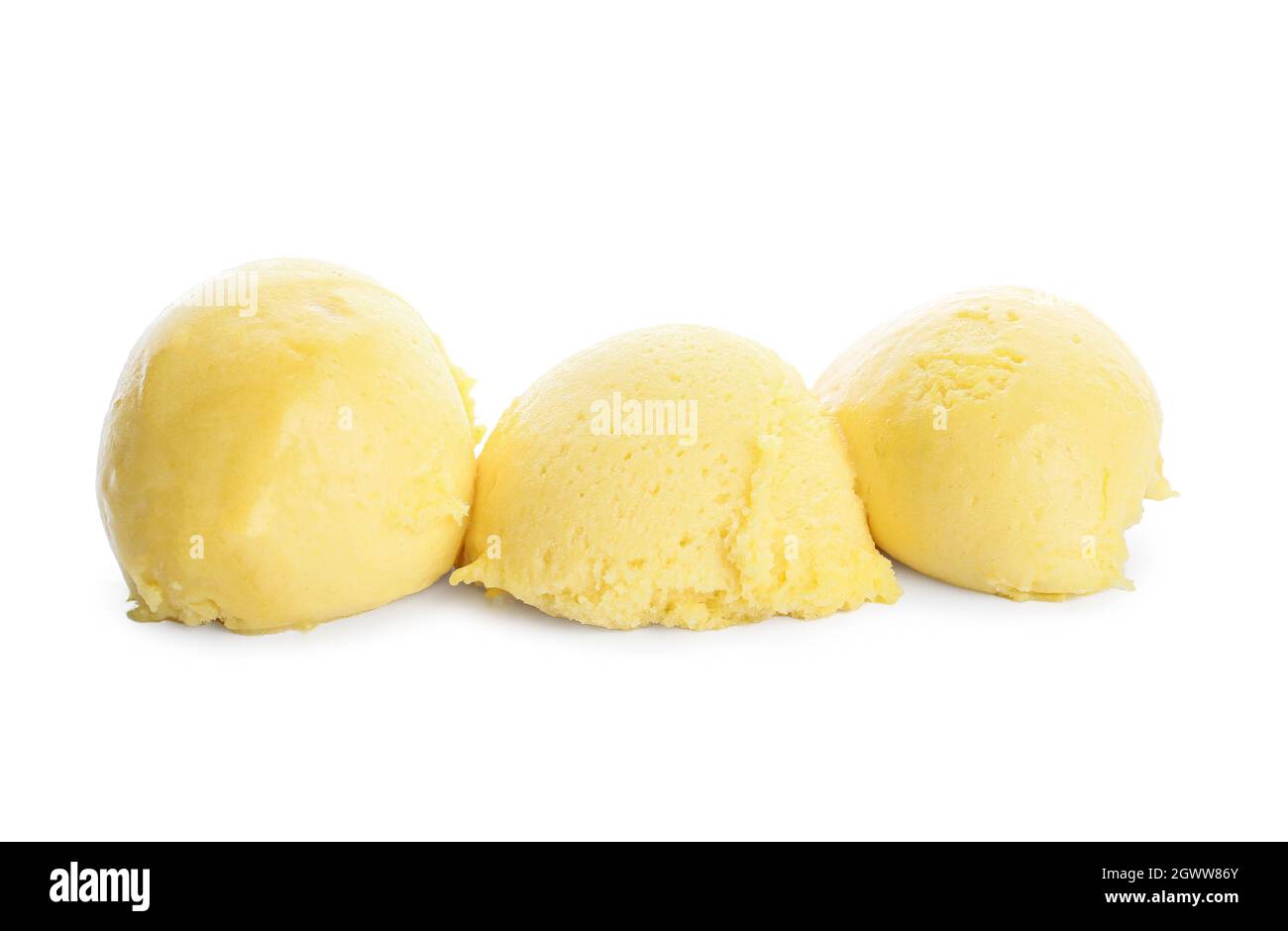 Delicious mango ice cream balls on white background Stock Photo - Alamy
