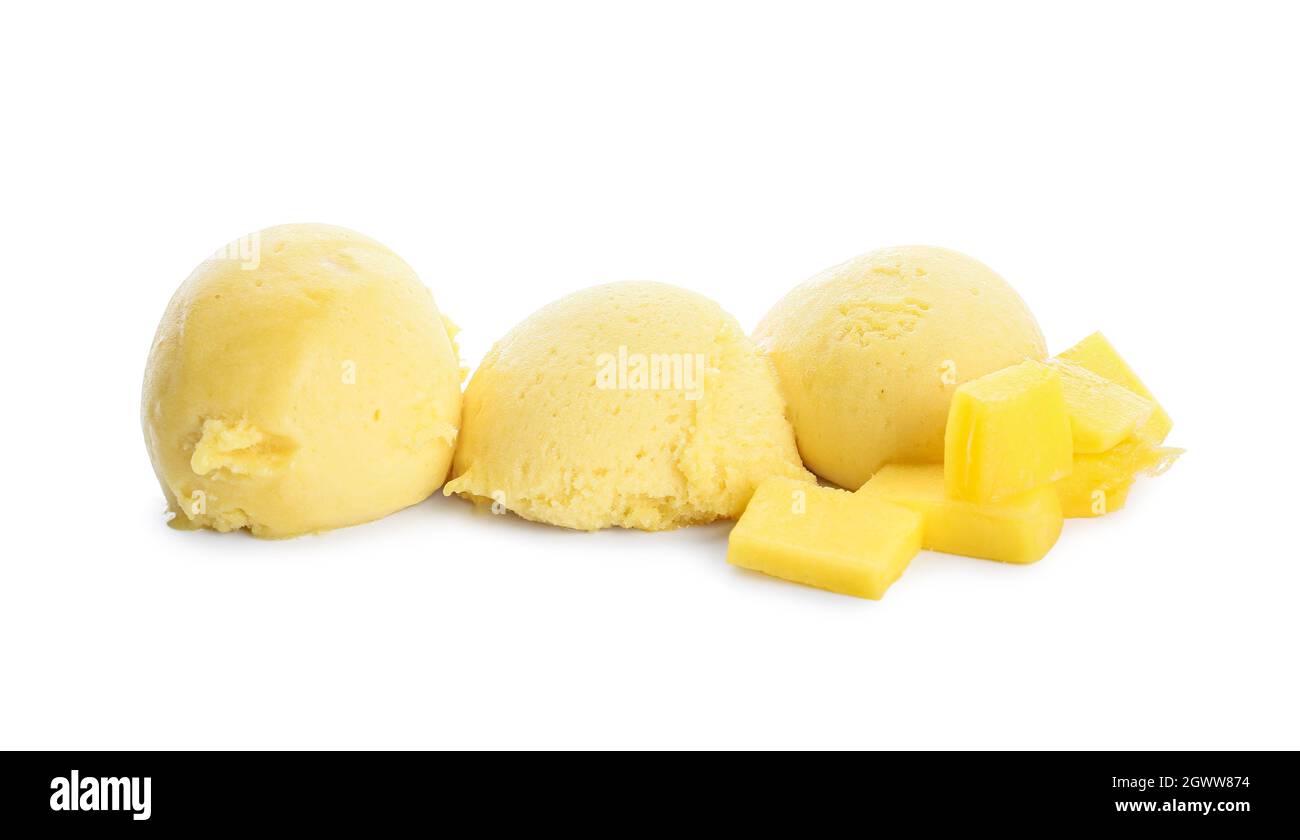Delicious mango ice cream balls on white background Stock Photo - Alamy