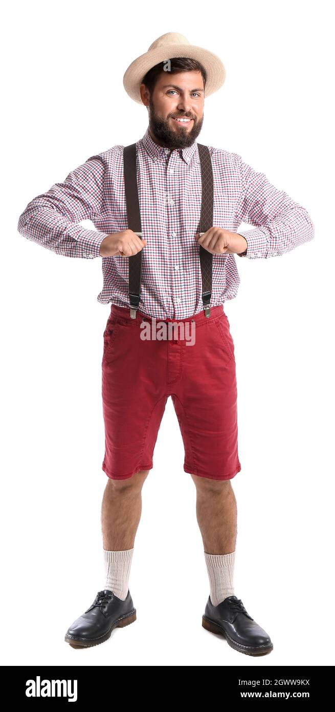 Handsome man in traditional German clothes on white background Stock ...