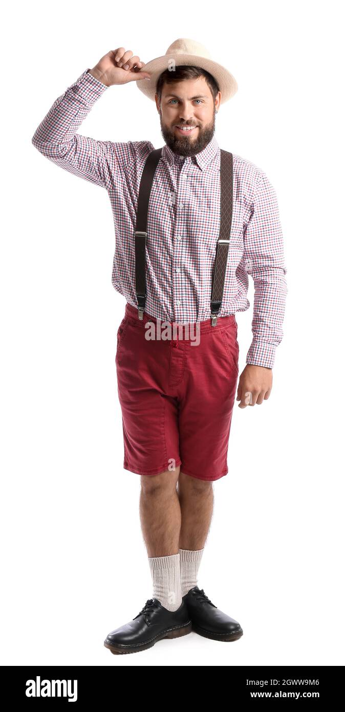 Handsome man in traditional German clothes on white background Stock ...