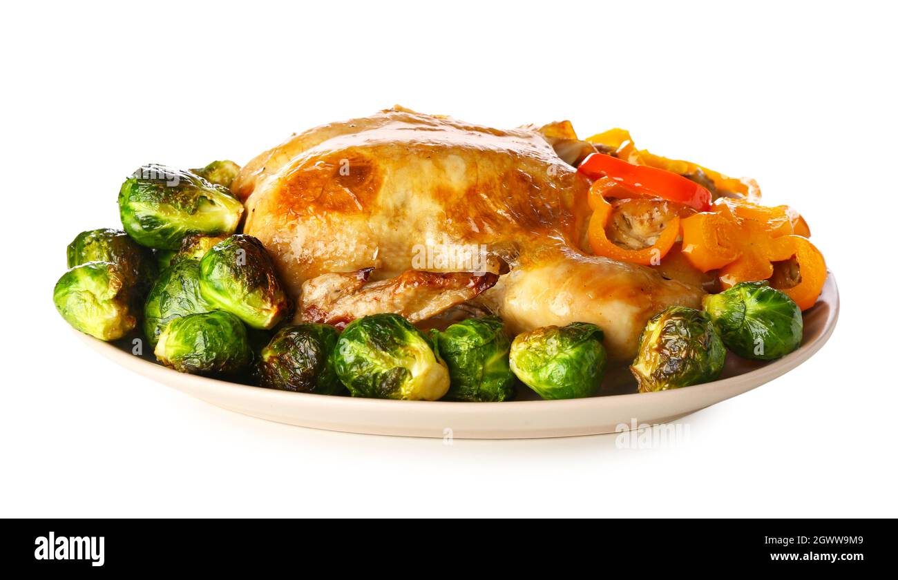 Tasty baked turkey with brussels sprouts for Thanksgiving Day on white ...
