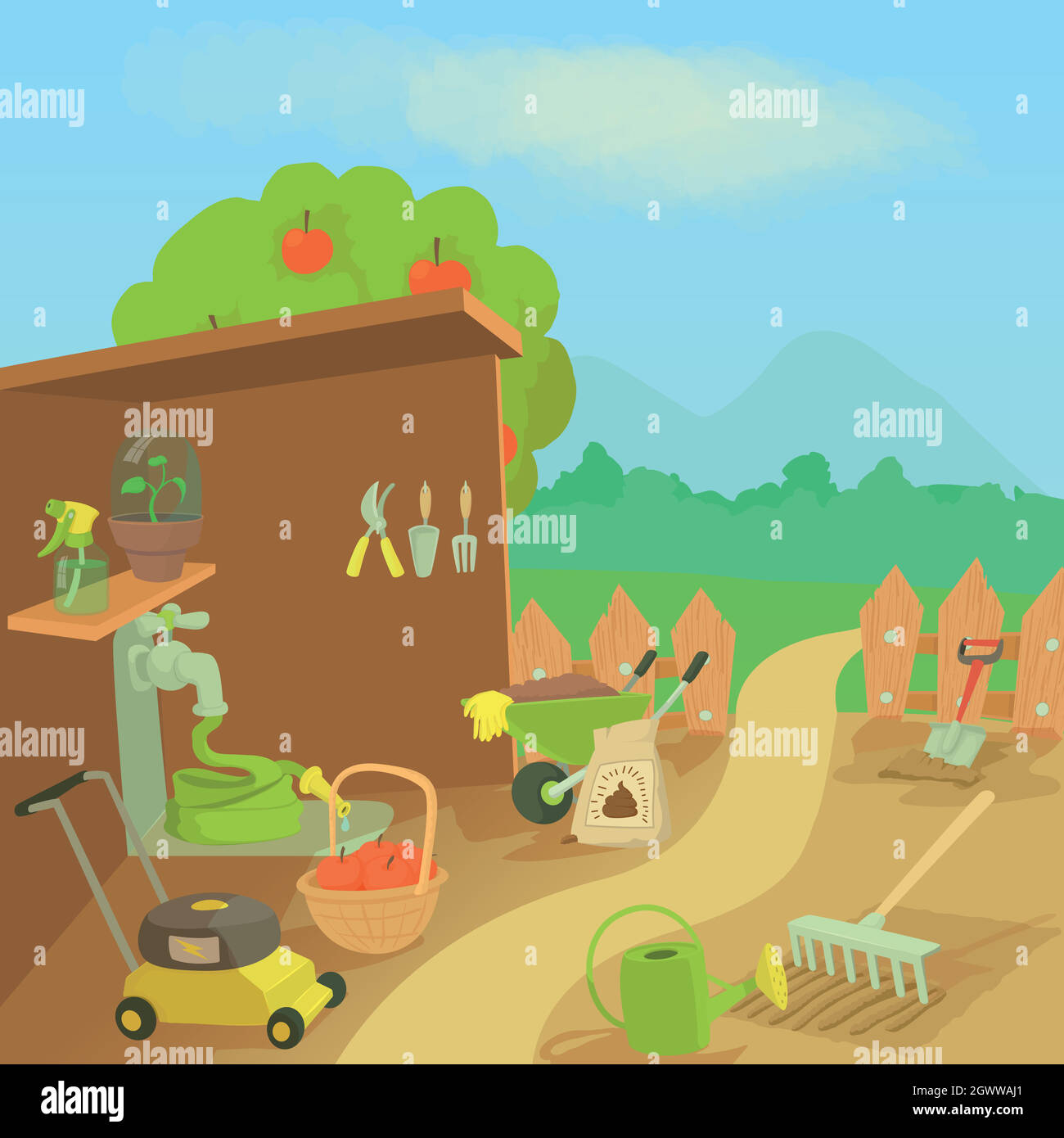 Gardening tools landscape concept, cartoon style Stock Vector Image ...