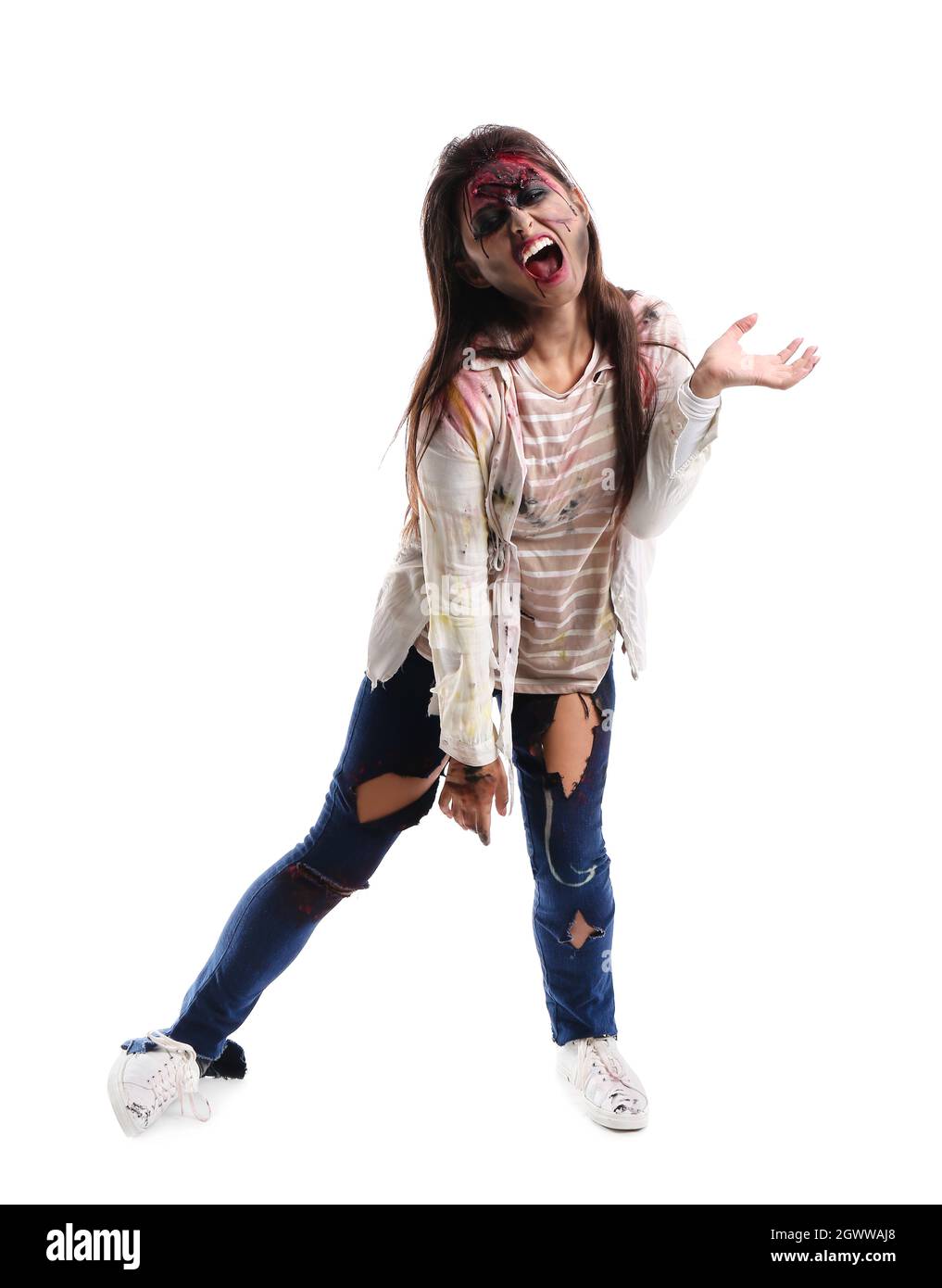 Scary zombie woman on white background Stock Photo - Alamy