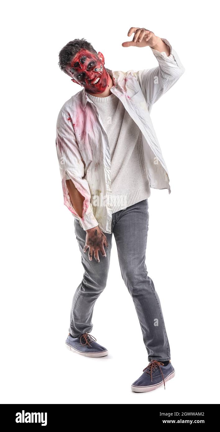 Scary zombie man on white background Stock Photo - Alamy