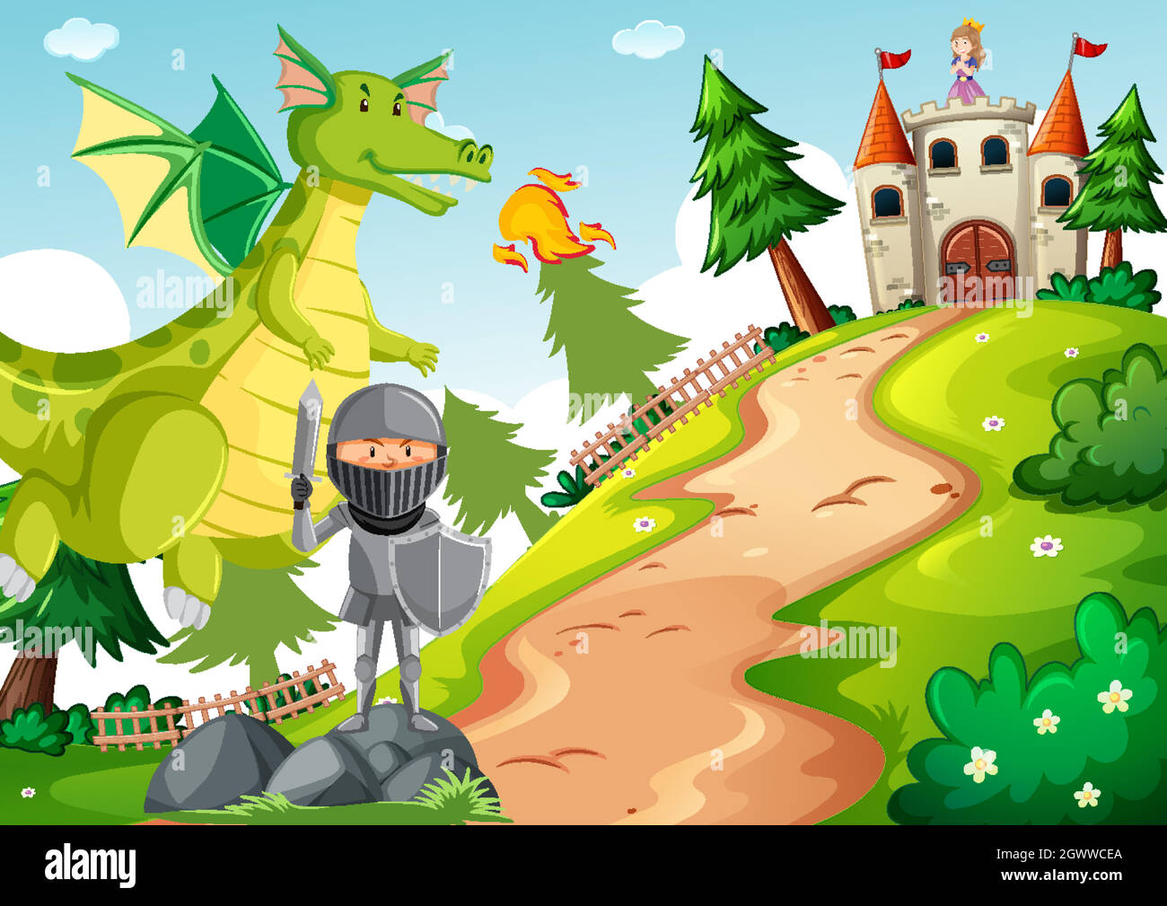 Knight with dragon in fairytale land scene Stock Vector Image & Art - Alamy