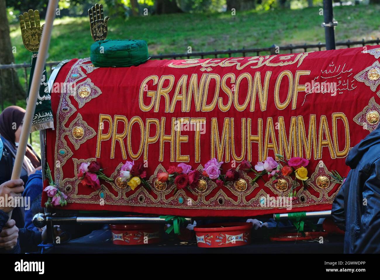 London, UK. A shrine is led through an Arbaeen procession, to honour ...