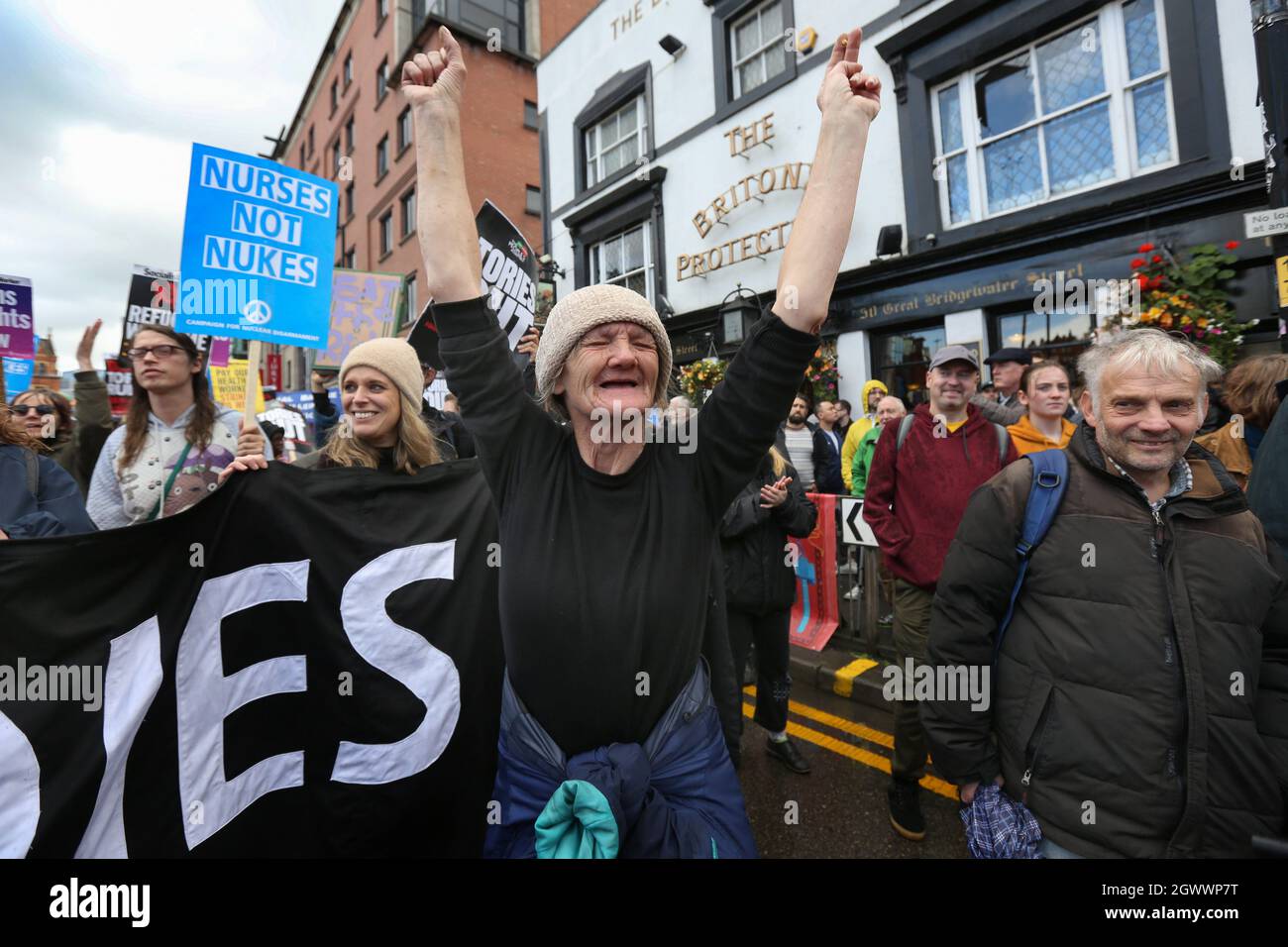 Manchester, UK. 03rd Oct, 2021. Protesters march on the street during ...