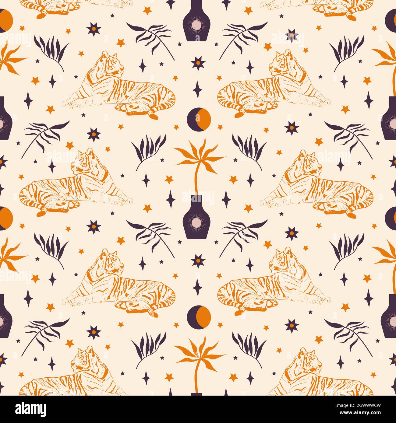 Pattern of Chinese tigers, vases and palms. Vector illustration Stock ...