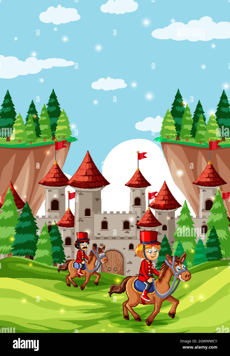 Fairytale scene with castle and soldier royal guard scene Stock Vector ...