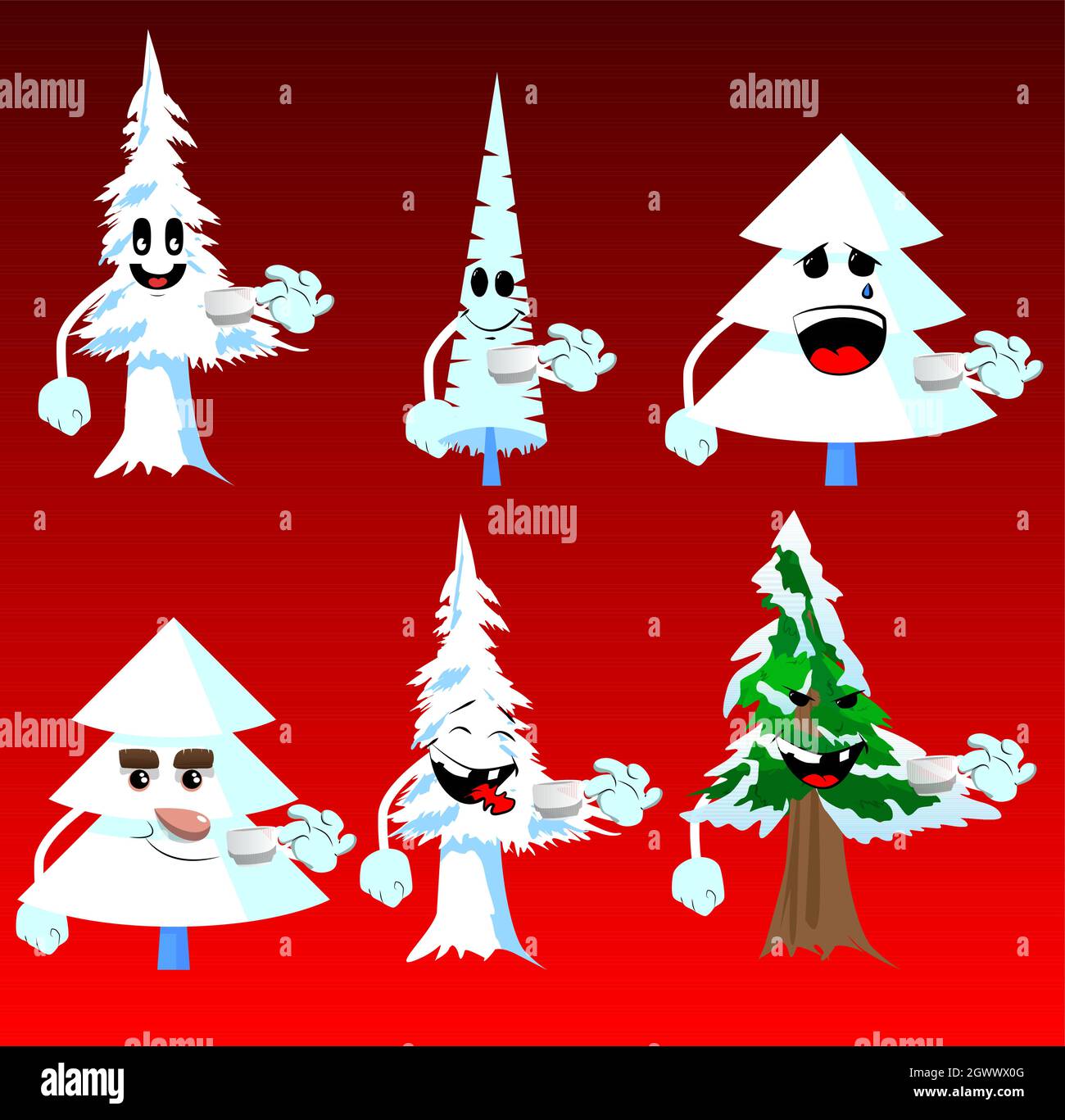 Cartoon winter pine trees with faces drinking coffee. Cute forest trees ...