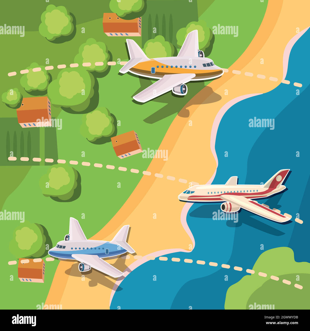 Aviation planes top view concept, cartoon style Stock Vector Image ...