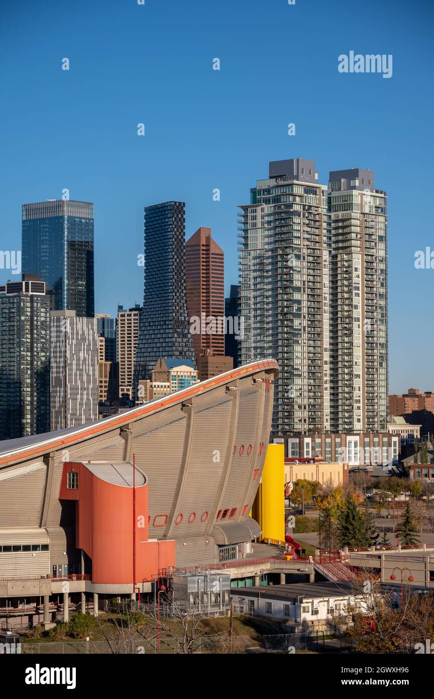 Exterior facade and detail of the Scotiabank Saddledome. Home of the ...