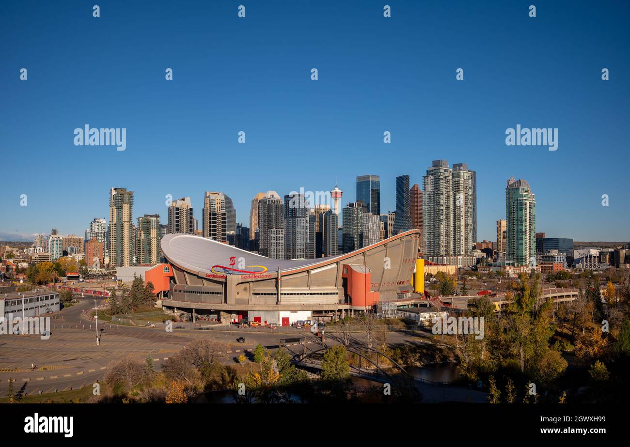 Exterior facade and detail of the Scotiabank Saddledome. Home of the ...