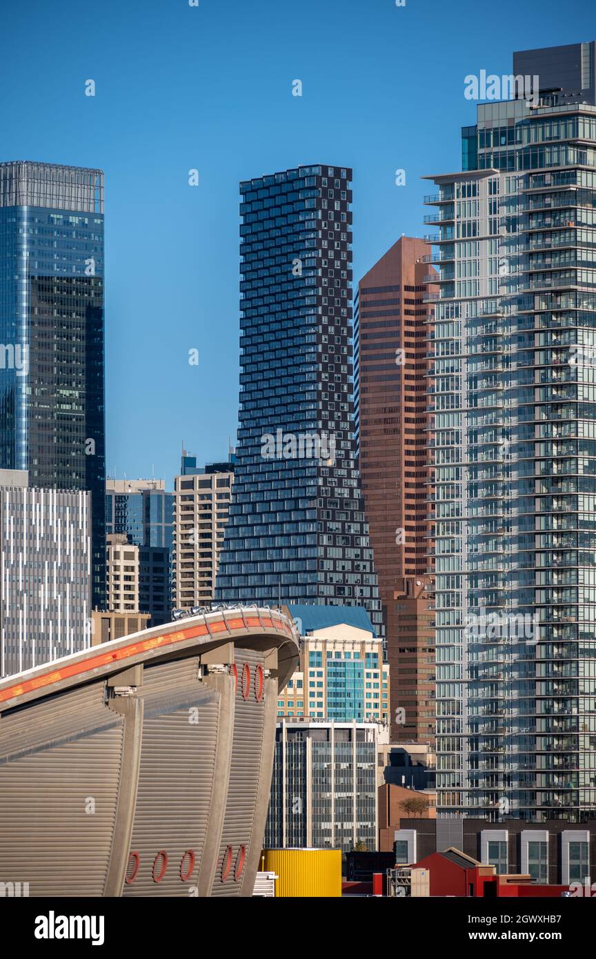 Exterior facade and detail of the Scotiabank Saddledome. Home of the ...