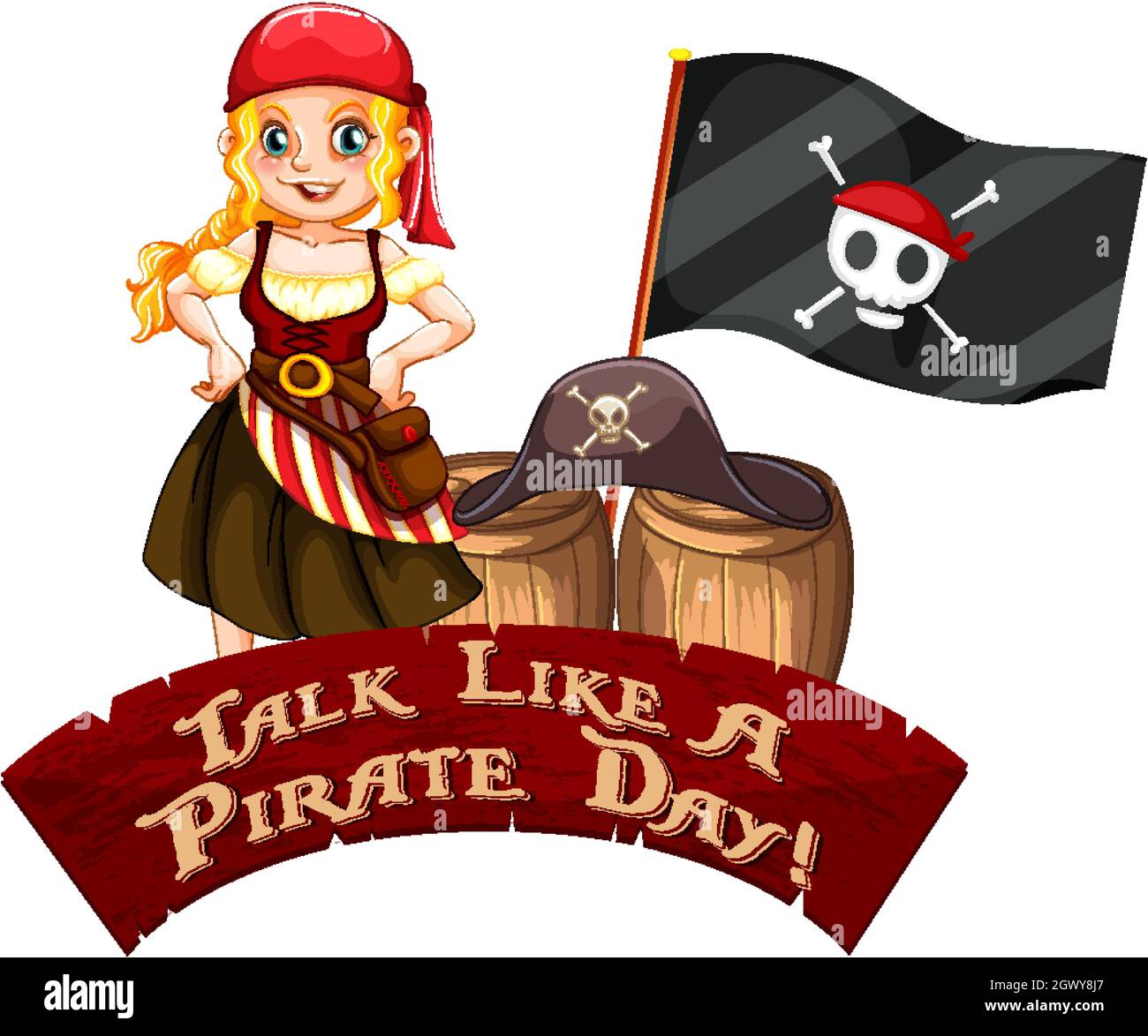 Talk Like A Pirate Day font banner with pirate girl cartoon character ...