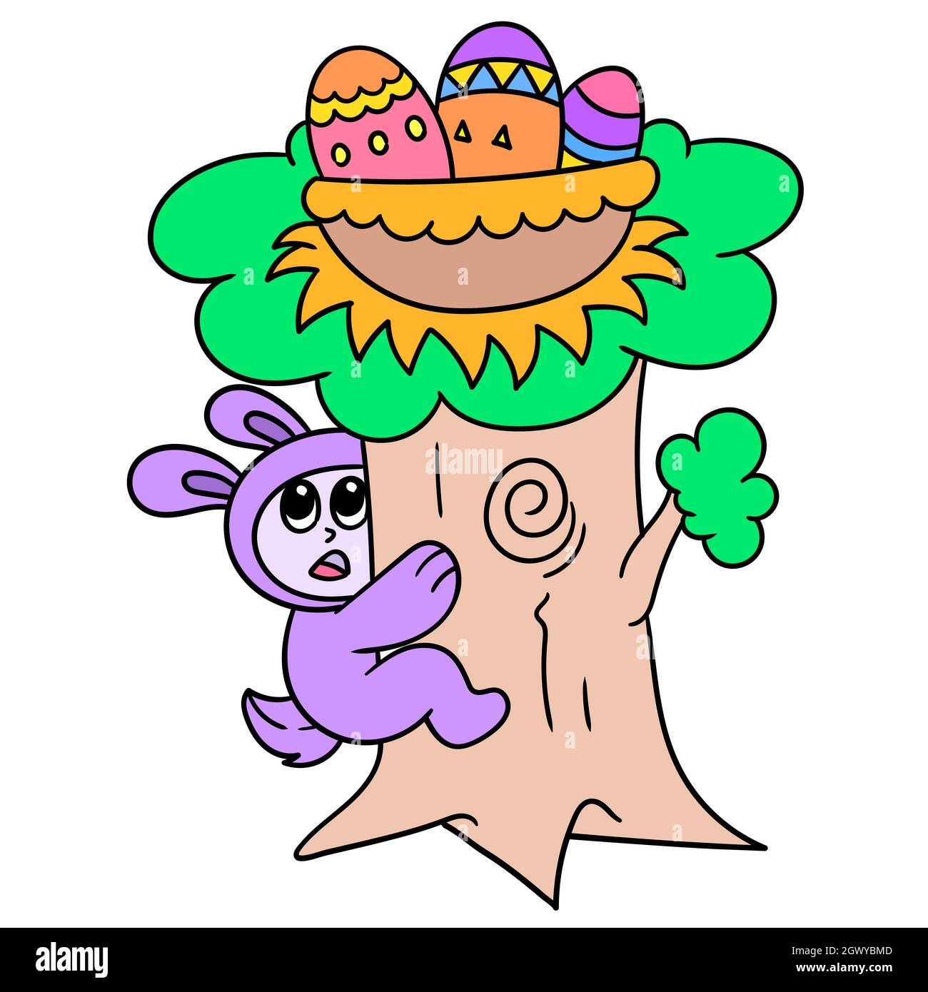 the easter bunny is climbing a big tree to pick up the eggs on it Stock ...