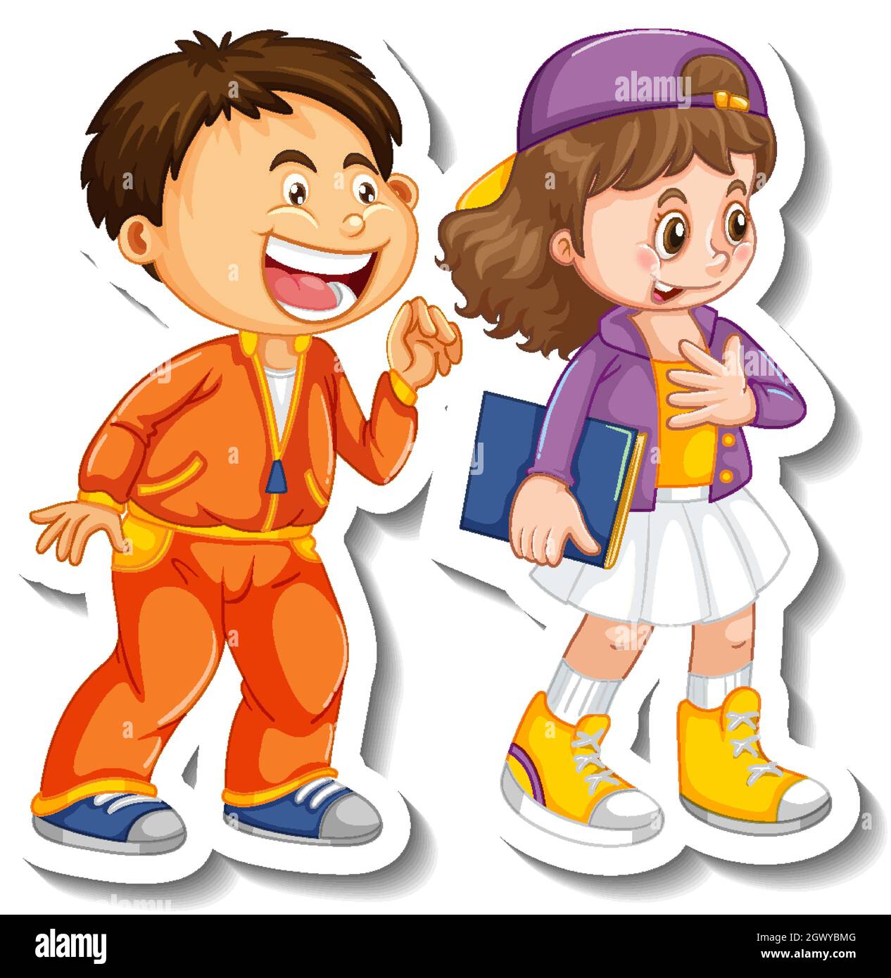 Sticker template with couple of kids students cartoon character ...