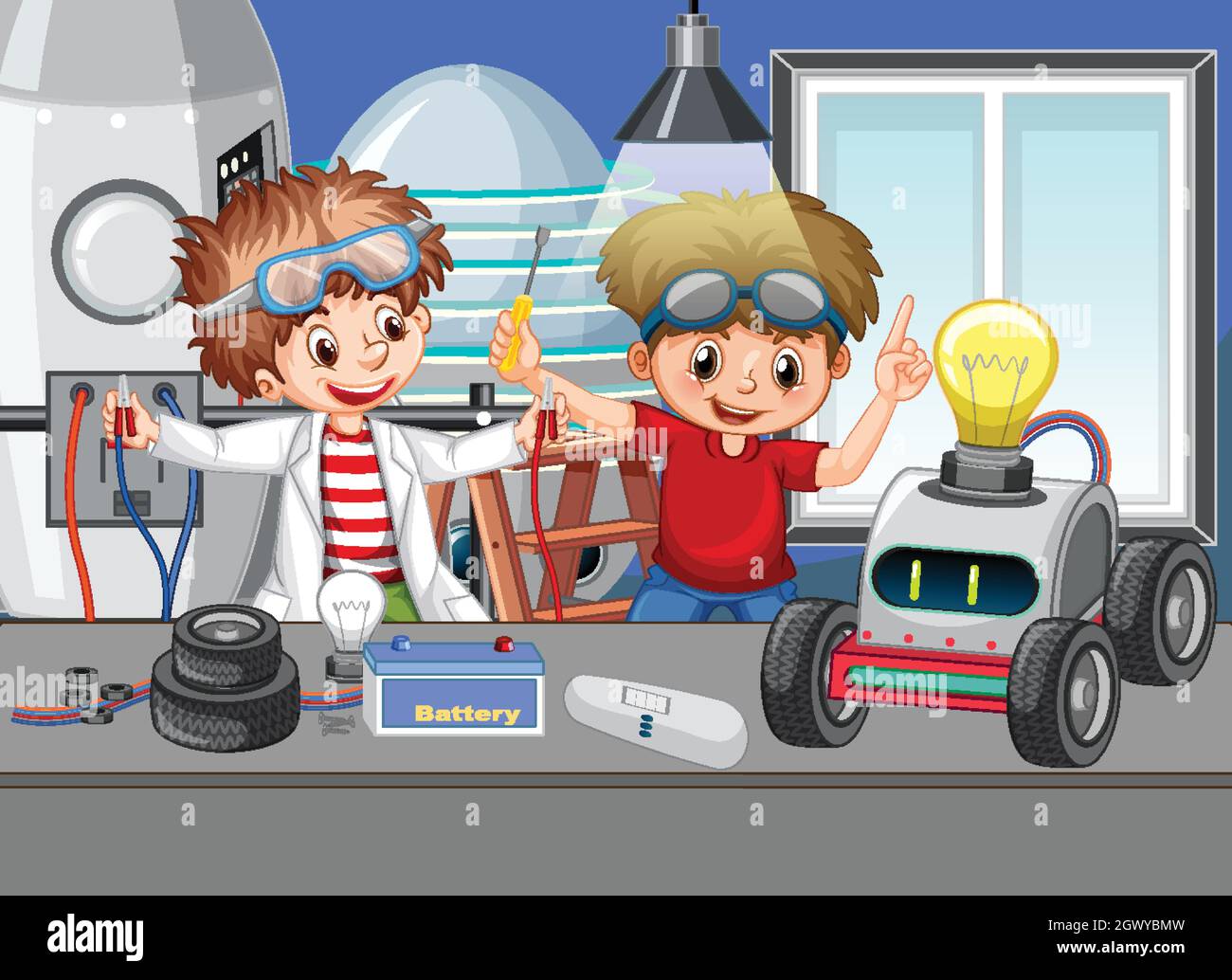Scene with children repairing toy car together illustration Stock ...
