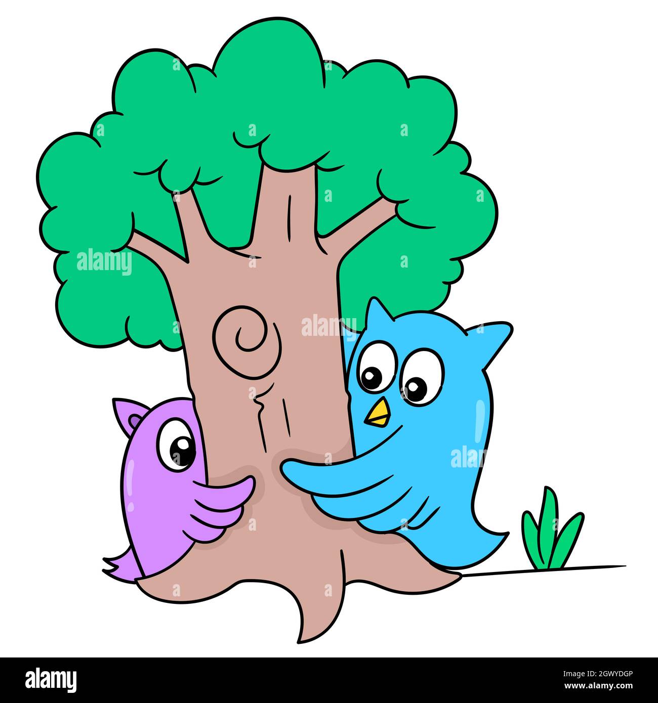 an owl and his friend were playing hide and seek under a big tree Stock ...