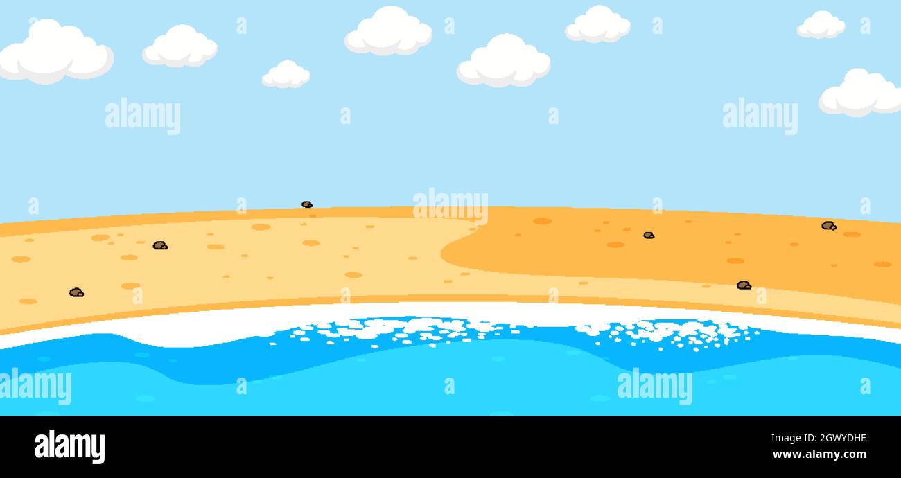 Empty beach scene with blank sky in cartoon style illustration Stock ...