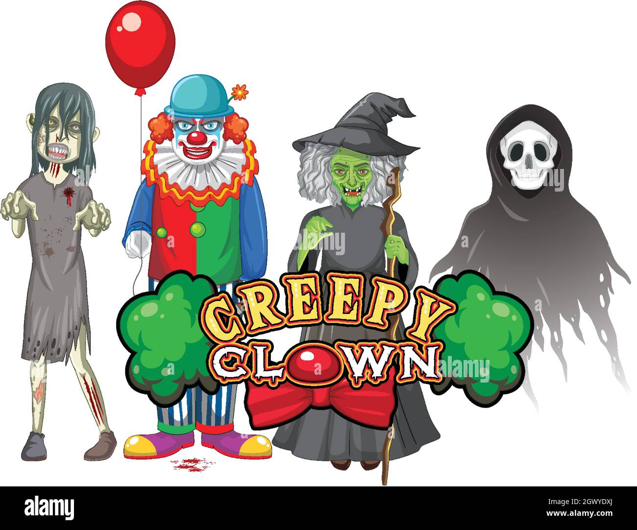 Creepy Clown text design with Halloween ghost characters illustration ...
